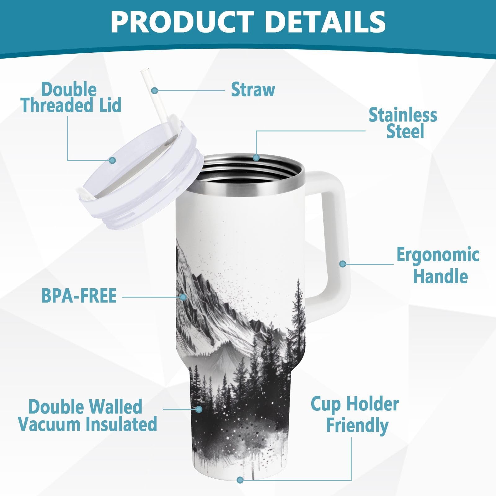Jihqo Mountain Ink Style 40 oz Stainless Steel Vacuum Insulated Tumbler with Handle and Straw Lid, Leakproof Water Bottle Double Wall Travel Mug Coffee Cup, Cupholder Friendly