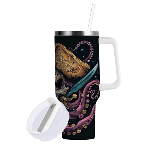 Jihqo Octopus Skull Pirate 40 oz Stainless Steel Vacuum Insulated Tumbler with Handle and Straw Lid, Leakproof Water Bottle Double Wall Travel Mug Coffee Cup, Cupholder Friendly