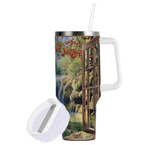 Jihqo Waterfall Forest Seen From Window 40 oz Stainless Steel Vacuum Insulated Tumbler with Handle and Straw Lid, Leakproof Water Bottle Double Wall Travel Mug Coffee Cup, Cupholder Friendly