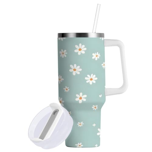 Jihqo Simple Daisies 40 oz Stainless Steel Vacuum Insulated Tumbler with Handle and Straw Lid, Leakproof Water Bottle Double Wall Travel Mug Coffee Cup, Cupholder Friendly