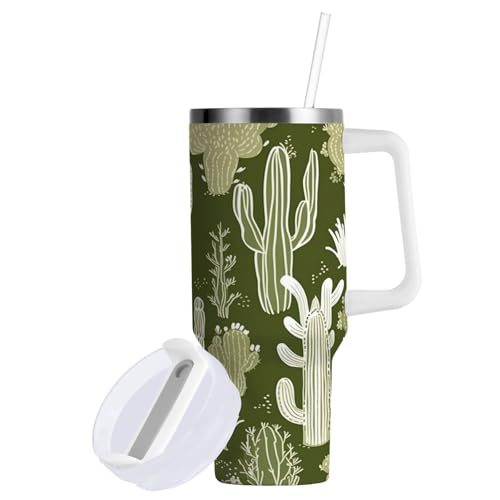 Jihqo Cute Cactus Green 40 oz Stainless Steel Vacuum Insulated Tumbler with Handle and Straw Lid, Leakproof Water Bottle Double Wall Travel Mug Coffee Cup, Cupholder Friendly