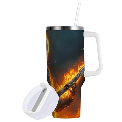 Jihqo Fire Skull Playing Guitar 40 oz Stainless Steel Vacuum Insulated Tumbler with Handle and Straw Lid, Leakproof Water Bottle Double Wall Travel Mug Coffee Cup, Cupholder Friendly