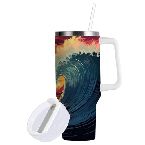 Jihqo Beach Surfer Riding Waves 40 oz Stainless Steel Vacuum Insulated Tumbler with Handle and Straw Lid, Leakproof Water Bottle Double Wall Travel Mug Coffee Cup, Cupholder Friendly