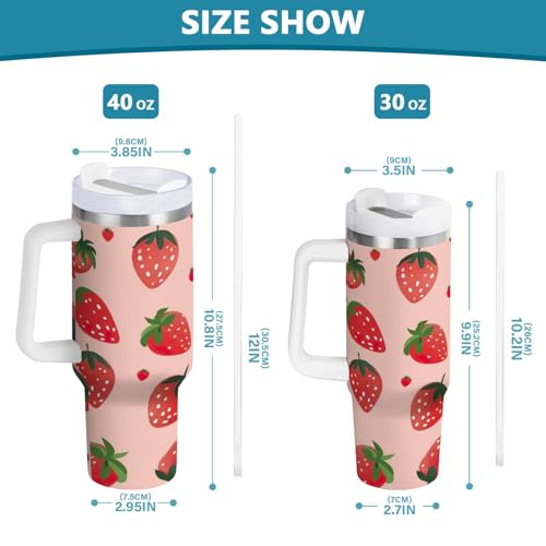 Jihqo Cute Strawberry 40 oz Stainless Steel Vacuum Insulated Tumbler with Handle and Straw Lid, Leakproof Water Bottle Double Wall Travel Mug Coffee Cup, Cupholder Friendly