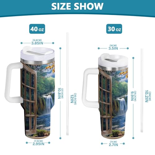 Jihqo Waterfall Forest Seen From Window 40 oz Stainless Steel Vacuum Insulated Tumbler with Handle and Straw Lid, Leakproof Water Bottle Double Wall Travel Mug Coffee Cup, Cupholder Friendly