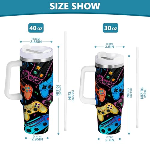 Jihqo Colorful Video Game Controllers 40 oz Stainless Steel Vacuum Insulated Tumbler with Handle and Straw Lid, Leakproof Water Bottle Double Wall Travel Mug Coffee Cup, Cupholder Friendly