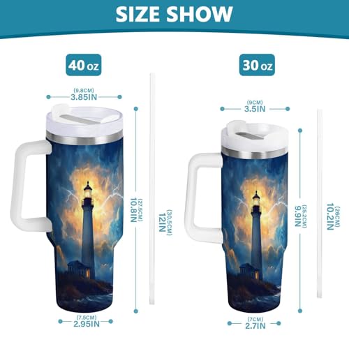 Jihqo Lightning Sea Lighthouse 40 oz Stainless Steel Vacuum Insulated Tumbler with Handle and Straw Lid, Leakproof Water Bottle Double Wall Travel Mug Coffee Cup, Cupholder Friendly