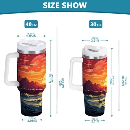 Jihqo Beach Surfer Riding Waves 40 oz Stainless Steel Vacuum Insulated Tumbler with Handle and Straw Lid, Leakproof Water Bottle Double Wall Travel Mug Coffee Cup, Cupholder Friendly