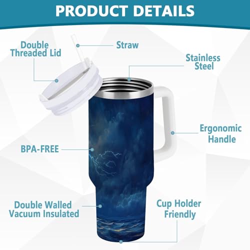 Jihqo Lightning Sea Lighthouse 40 oz Stainless Steel Vacuum Insulated Tumbler with Handle and Straw Lid, Leakproof Water Bottle Double Wall Travel Mug Coffee Cup, Cupholder Friendly