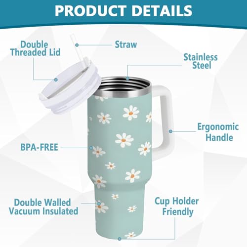 Jihqo Simple Daisies 40 oz Stainless Steel Vacuum Insulated Tumbler with Handle and Straw Lid, Leakproof Water Bottle Double Wall Travel Mug Coffee Cup, Cupholder Friendly