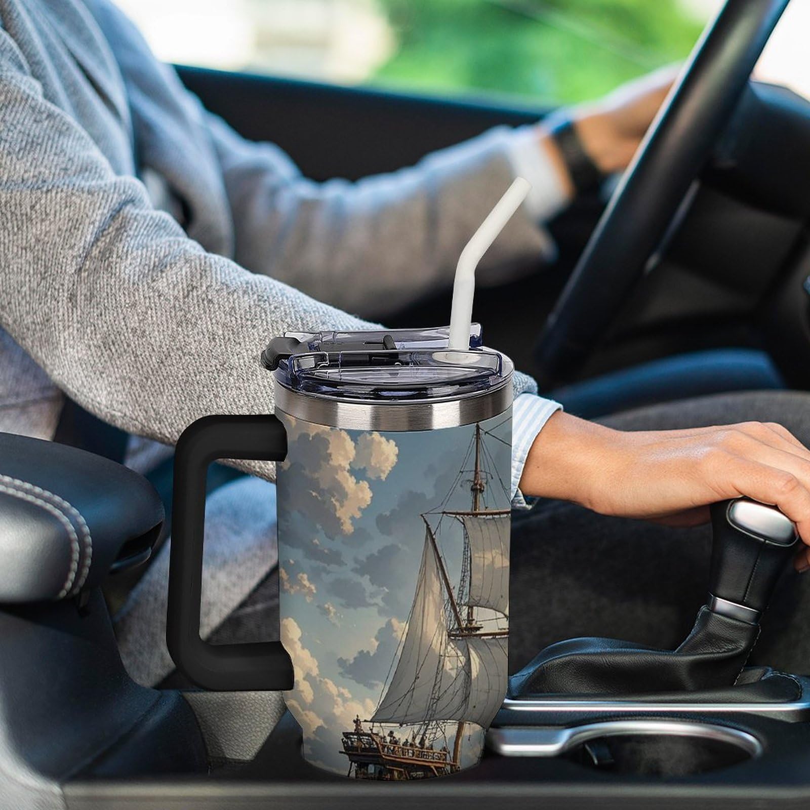 Nautical Sailing Pirate Ship 40 Oz Stainless Steel Tumbler with Handle & Straw Double-Walled Vacuum Insulated Travel Mug for Hot/Cold Drinks, Reusable Thermal Cup for Car Cup Holder