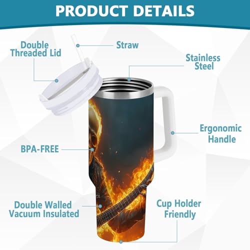 Jihqo Fire Skull Playing Guitar 40 oz Stainless Steel Vacuum Insulated Tumbler with Handle and Straw Lid, Leakproof Water Bottle Double Wall Travel Mug Coffee Cup, Cupholder Friendly