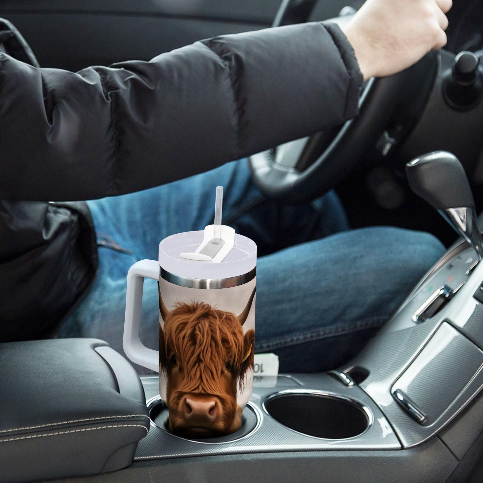 Jihqo Scottish Highland Cattle Cows 40 oz Stainless Steel Vacuum Insulated Tumbler with Handle and Straw Lid, Leakproof Water Bottle Double Wall Travel Mug Coffee Cup, Cupholder Friendly