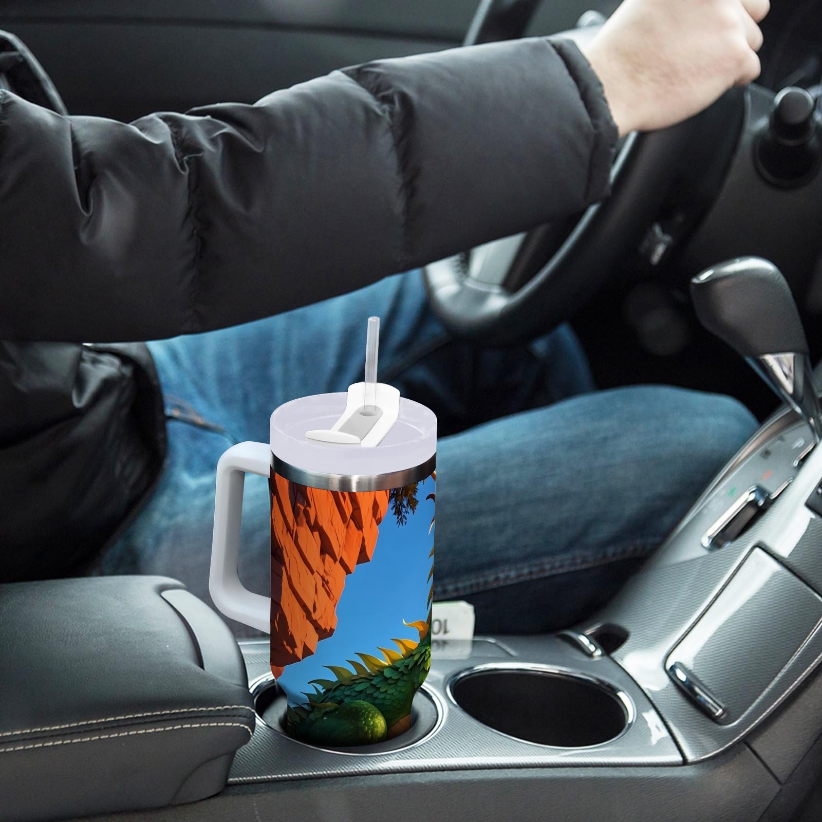 Nexawaveo Cold Cup Dragon under Sky XL Insulated Tumbler with Handle Lid Straw 30-40 oz Reusable Cupholder Friendly Water Bottle