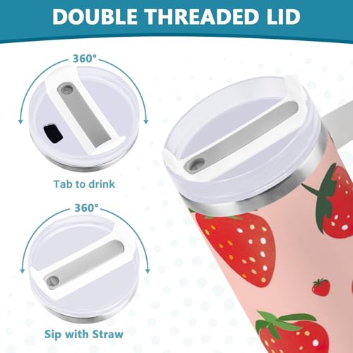 Jihqo Cute Strawberry 40 oz Stainless Steel Vacuum Insulated Tumbler with Handle and Straw Lid, Leakproof Water Bottle Double Wall Travel Mug Coffee Cup, Cupholder Friendly