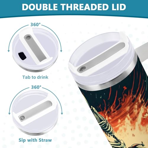 Jihqo Retro Skeleton Motorcycle 40 oz Stainless Steel Vacuum Insulated Tumbler with Handle and Straw Lid, Leakproof Water Bottle Double Wall Travel Mug Coffee Cup, Cupholder Friendly