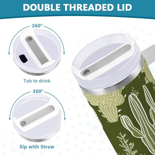 Jihqo Cute Cactus Green 40 oz Stainless Steel Vacuum Insulated Tumbler with Handle and Straw Lid, Leakproof Water Bottle Double Wall Travel Mug Coffee Cup, Cupholder Friendly