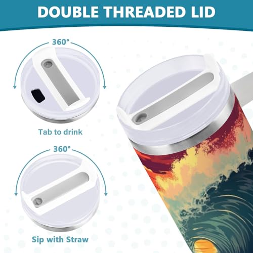 Jihqo Beach Surfer Riding Waves 40 oz Stainless Steel Vacuum Insulated Tumbler with Handle and Straw Lid, Leakproof Water Bottle Double Wall Travel Mug Coffee Cup, Cupholder Friendly