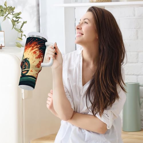 Jihqo Retro Skeleton Motorcycle 40 oz Stainless Steel Vacuum Insulated Tumbler with Handle and Straw Lid, Leakproof Water Bottle Double Wall Travel Mug Coffee Cup, Cupholder Friendly