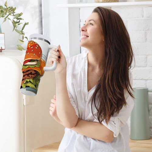 Jihqo Cartoon Burger 40 oz Stainless Steel Vacuum Insulated Tumbler with Handle and Straw Lid, Leakproof Water Bottle Double Wall Travel Mug Coffee Cup, Cupholder Friendly