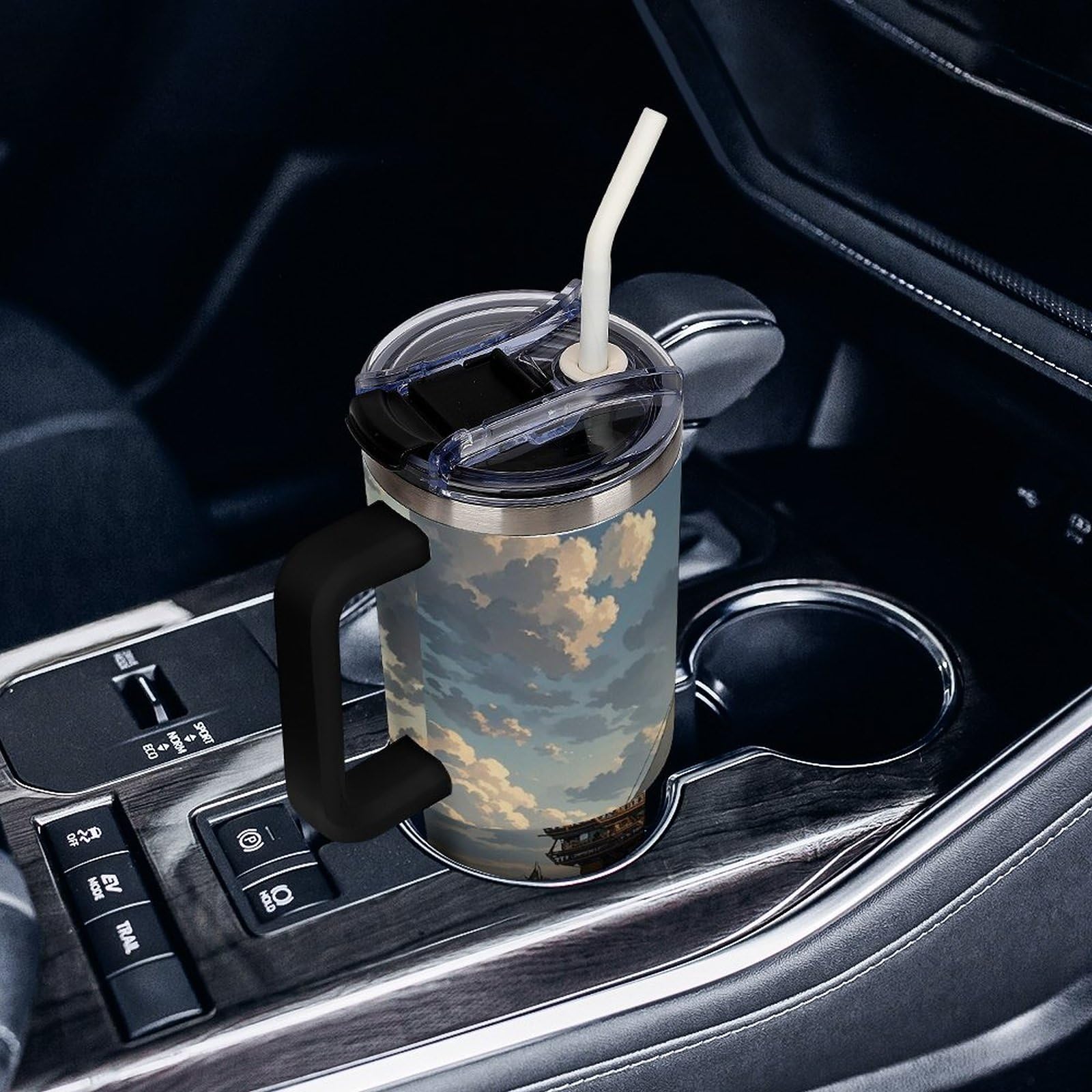Nautical Sailing Pirate Ship 40 Oz Stainless Steel Tumbler with Handle & Straw Double-Walled Vacuum Insulated Travel Mug for Hot/Cold Drinks, Reusable Thermal Cup for Car Cup Holder