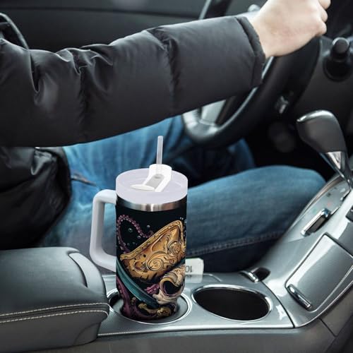 Jihqo Octopus Skull Pirate 40 oz Stainless Steel Vacuum Insulated Tumbler with Handle and Straw Lid, Leakproof Water Bottle Double Wall Travel Mug Coffee Cup, Cupholder Friendly