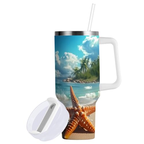 Jihqo Starfish on Seaside Beach 40 oz Stainless Steel Vacuum Insulated Tumbler with Handle and Straw Lid, Leakproof Water Bottle Double Wall Travel Mug Coffee Cup, Cupholder Friendly