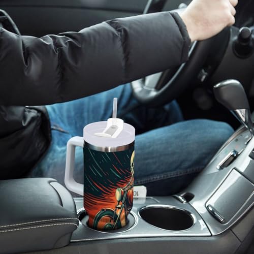 Jihqo Retro Skeleton Motorcycle 40 oz Stainless Steel Vacuum Insulated Tumbler with Handle and Straw Lid, Leakproof Water Bottle Double Wall Travel Mug Coffee Cup, Cupholder Friendly