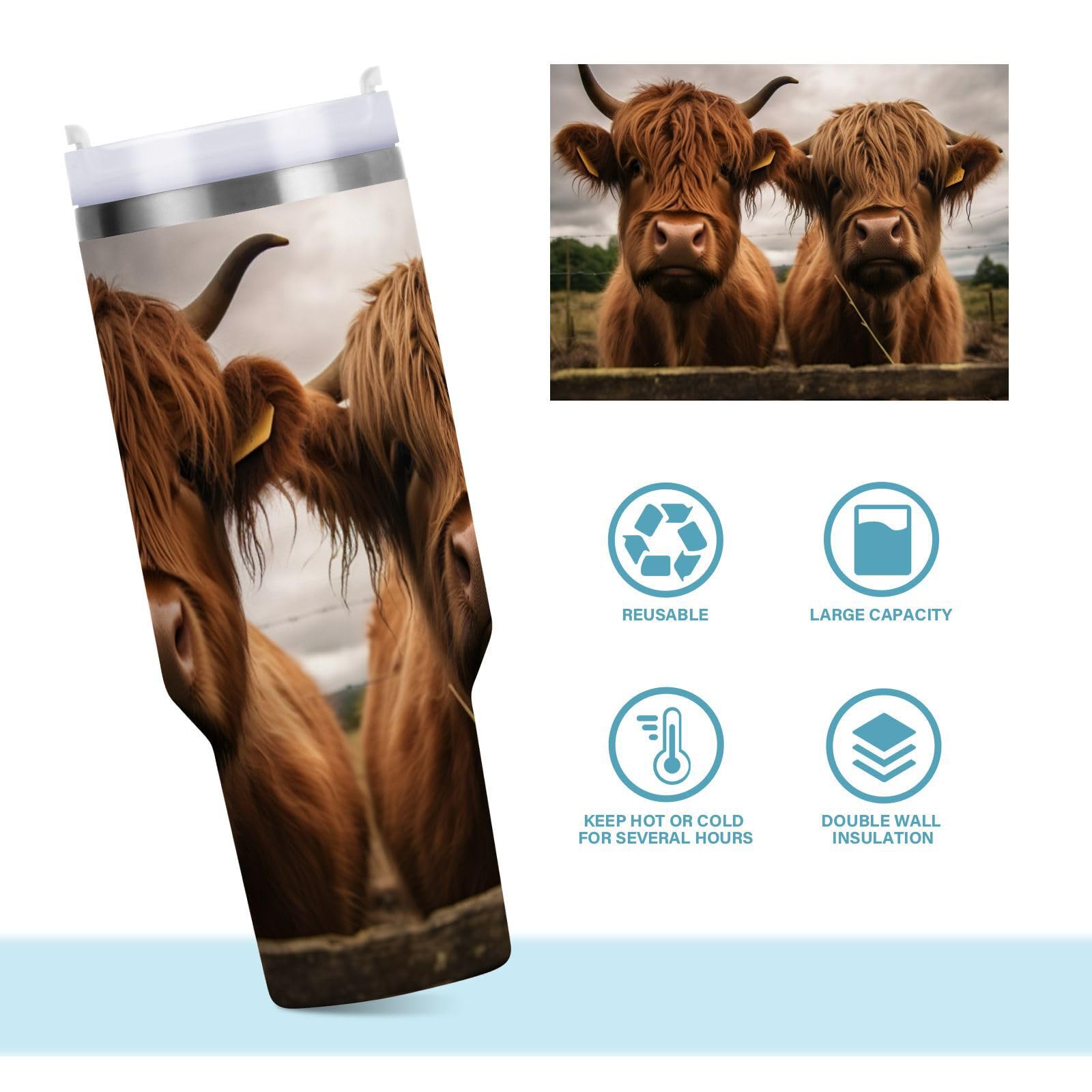 Jihqo Scottish Highland Cattle Cows 40 oz Stainless Steel Vacuum Insulated Tumbler with Handle and Straw Lid, Leakproof Water Bottle Double Wall Travel Mug Coffee Cup, Cupholder Friendly