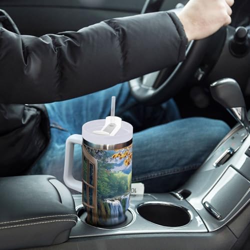 Jihqo Waterfall Forest Seen From Window 40 oz Stainless Steel Vacuum Insulated Tumbler with Handle and Straw Lid, Leakproof Water Bottle Double Wall Travel Mug Coffee Cup, Cupholder Friendly