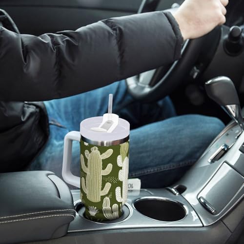 Jihqo Cute Cactus Green 40 oz Stainless Steel Vacuum Insulated Tumbler with Handle and Straw Lid, Leakproof Water Bottle Double Wall Travel Mug Coffee Cup, Cupholder Friendly