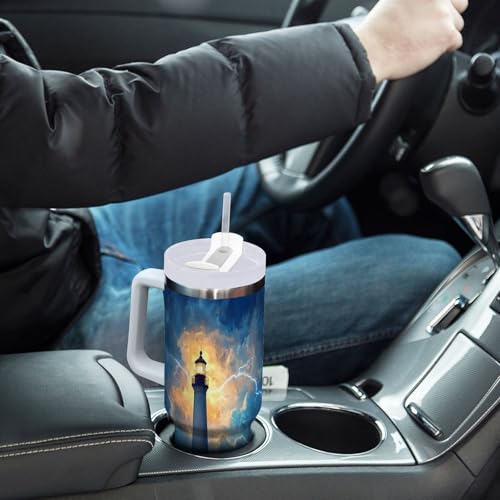 Jihqo Lightning Sea Lighthouse 40 oz Stainless Steel Vacuum Insulated Tumbler with Handle and Straw Lid, Leakproof Water Bottle Double Wall Travel Mug Coffee Cup, Cupholder Friendly