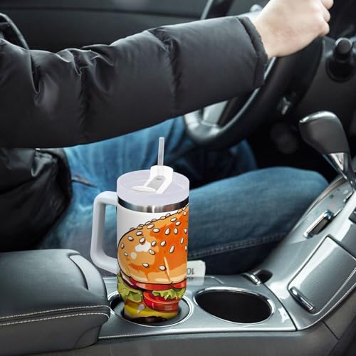 Jihqo Cartoon Burger 40 oz Stainless Steel Vacuum Insulated Tumbler with Handle and Straw Lid, Leakproof Water Bottle Double Wall Travel Mug Coffee Cup, Cupholder Friendly