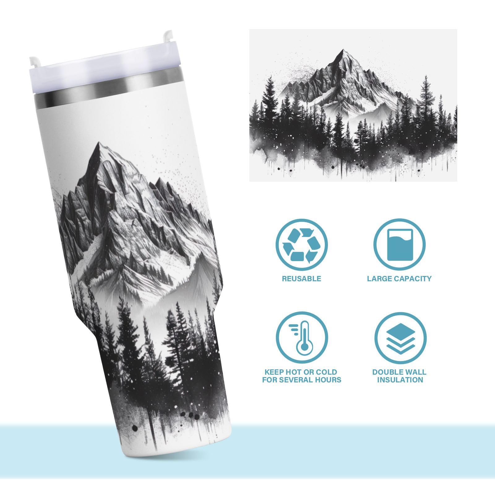 Jihqo Mountain Ink Style 40 oz Stainless Steel Vacuum Insulated Tumbler with Handle and Straw Lid, Leakproof Water Bottle Double Wall Travel Mug Coffee Cup, Cupholder Friendly