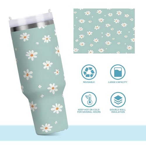 Jihqo Simple Daisies 40 oz Stainless Steel Vacuum Insulated Tumbler with Handle and Straw Lid, Leakproof Water Bottle Double Wall Travel Mug Coffee Cup, Cupholder Friendly