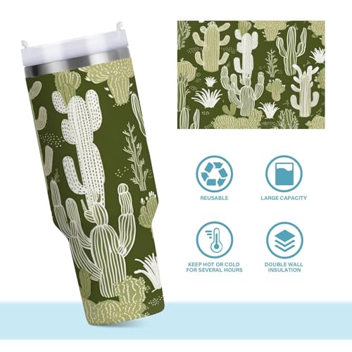 Jihqo Cute Cactus Green 40 oz Stainless Steel Vacuum Insulated Tumbler with Handle and Straw Lid, Leakproof Water Bottle Double Wall Travel Mug Coffee Cup, Cupholder Friendly