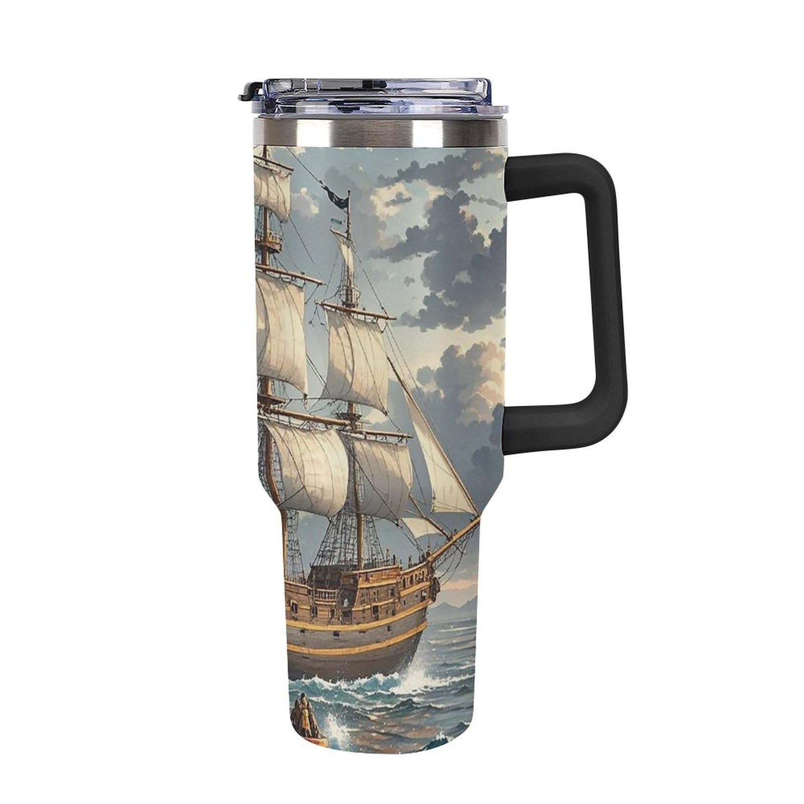 Nautical Sailing Pirate Ship 40 Oz Stainless Steel Tumbler with Handle & Straw Double-Walled Vacuum Insulated Travel Mug for Hot/Cold Drinks, Reusable Thermal Cup for Car Cup Holder