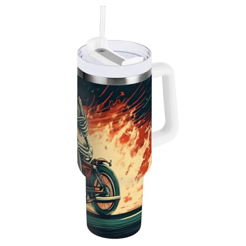 Jihqo Retro Skeleton Motorcycle 40 oz Stainless Steel Vacuum Insulated Tumbler with Handle and Straw Lid, Leakproof Water Bottle Double Wall Travel Mug Coffee Cup, Cupholder Friendly