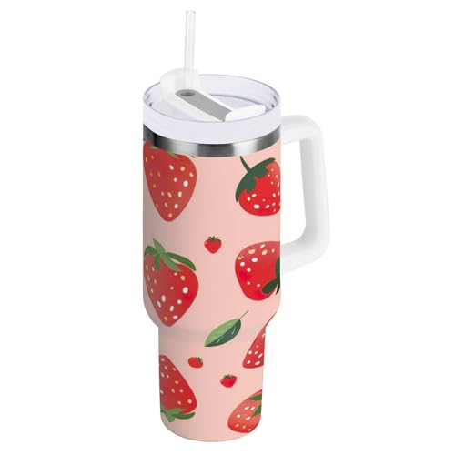 Jihqo Cute Strawberry 40 oz Stainless Steel Vacuum Insulated Tumbler with Handle and Straw Lid, Leakproof Water Bottle Double Wall Travel Mug Coffee Cup, Cupholder Friendly