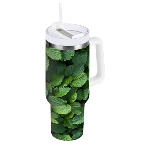 Jihqo Strawberry Leaves 40 oz Stainless Steel Vacuum Insulated Tumbler with Handle and Straw Lid, Leakproof Water Bottle Double Wall Travel Mug Coffee Cup, Cupholder Friendly