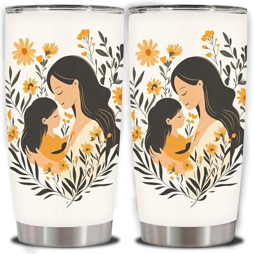 FOCIUZTA 20oz Adorable Floral Yellow Mother and Child Pattern Tumbler with lid, Travel Coffee Cup, Ideal for Easter, Mother Day, and birthday gifts