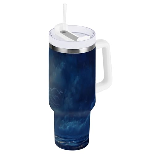 Jihqo Lightning Sea Lighthouse 40 oz Stainless Steel Vacuum Insulated Tumbler with Handle and Straw Lid, Leakproof Water Bottle Double Wall Travel Mug Coffee Cup, Cupholder Friendly