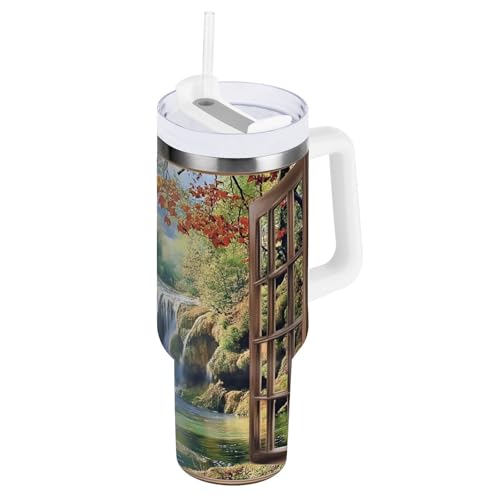 Jihqo Waterfall Forest Seen From Window 40 oz Stainless Steel Vacuum Insulated Tumbler with Handle and Straw Lid, Leakproof Water Bottle Double Wall Travel Mug Coffee Cup, Cupholder Friendly