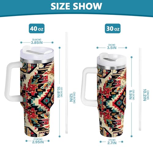Jihqo Indian Ethnic Pattern 40 oz Stainless Steel Vacuum Insulated Tumbler with Handle and Straw Lid, Leakproof Water Bottle Double Wall Travel Mug Coffee Cup, Cupholder Friendly
