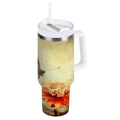 Jihqo Old Grungy Butterfly 40 oz Stainless Steel Vacuum Insulated Tumbler with Handle and Straw Lid, Leakproof Water Bottle Double Wall Travel Mug Coffee Cup, Cupholder Friendly