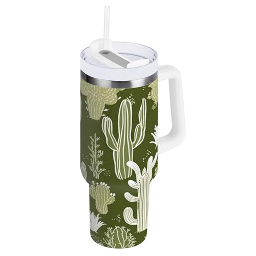 Jihqo Cute Cactus Green 40 oz Stainless Steel Vacuum Insulated Tumbler with Handle and Straw Lid, Leakproof Water Bottle Double Wall Travel Mug Coffee Cup, Cupholder Friendly