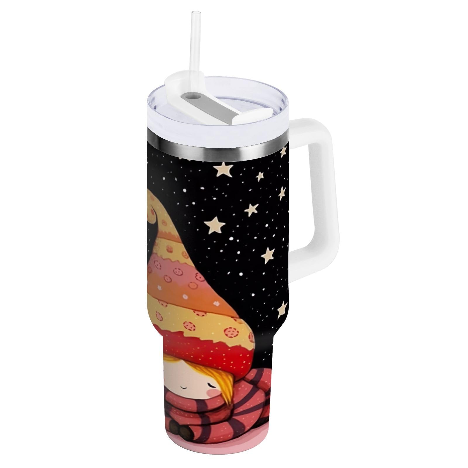 Jihqo Night Sleeping Gnomes 40 oz Stainless Steel Vacuum Insulated Tumbler with Handle and Straw Lid, Leakproof Water Bottle Double Wall Travel Mug Coffee Cup, Cupholder Friendly