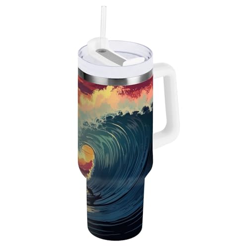 Jihqo Beach Surfer Riding Waves 40 oz Stainless Steel Vacuum Insulated Tumbler with Handle and Straw Lid, Leakproof Water Bottle Double Wall Travel Mug Coffee Cup, Cupholder Friendly