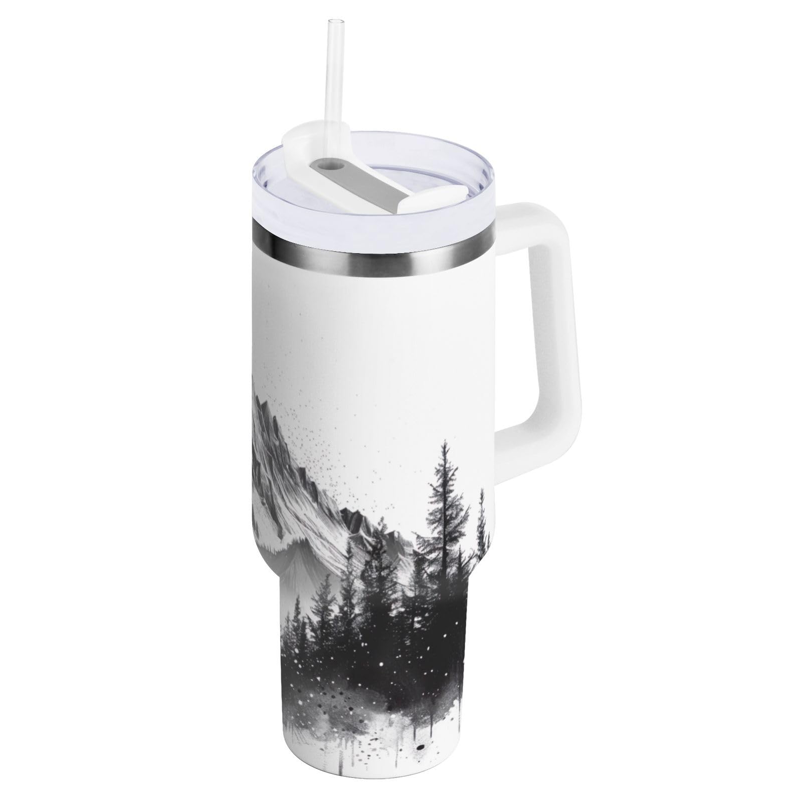 Jihqo Mountain Ink Style 40 oz Stainless Steel Vacuum Insulated Tumbler with Handle and Straw Lid, Leakproof Water Bottle Double Wall Travel Mug Coffee Cup, Cupholder Friendly
