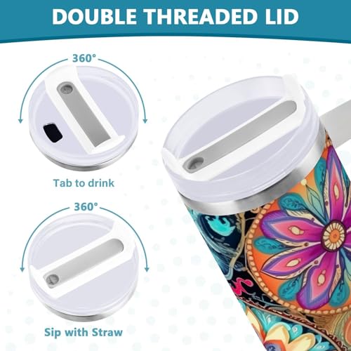 Jihqo Colorful Oriental Textile Tile 40 oz Stainless Steel Vacuum Insulated Tumbler with Handle and Straw Lid, Leakproof Water Bottle Double Wall Travel Mug Coffee Cup, Cupholder Friendly
